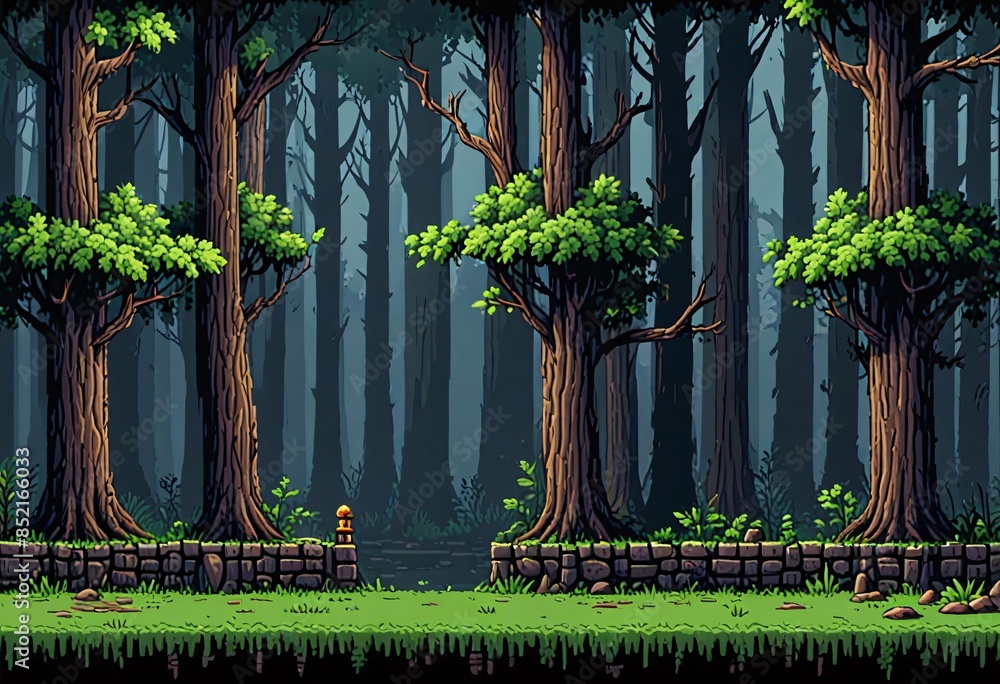 asset for a bit pixel platform mobile game,dirt grass wood tree bush ...
