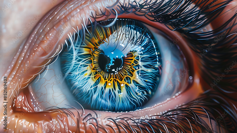 The image is a detailed close-up of a human eye, highlighting the ...