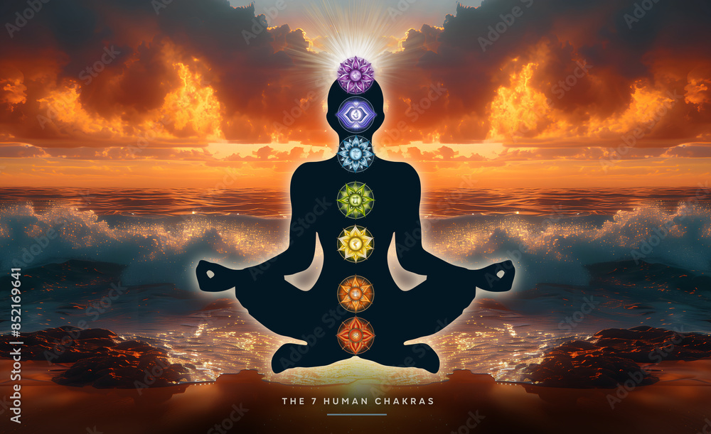 Human silhouette in yoga, lotus pose with 7 Chakras, mystical sunset by ...