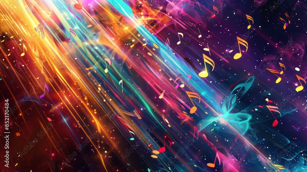 Bright and colorful celebration of music with vibrant beams and ...