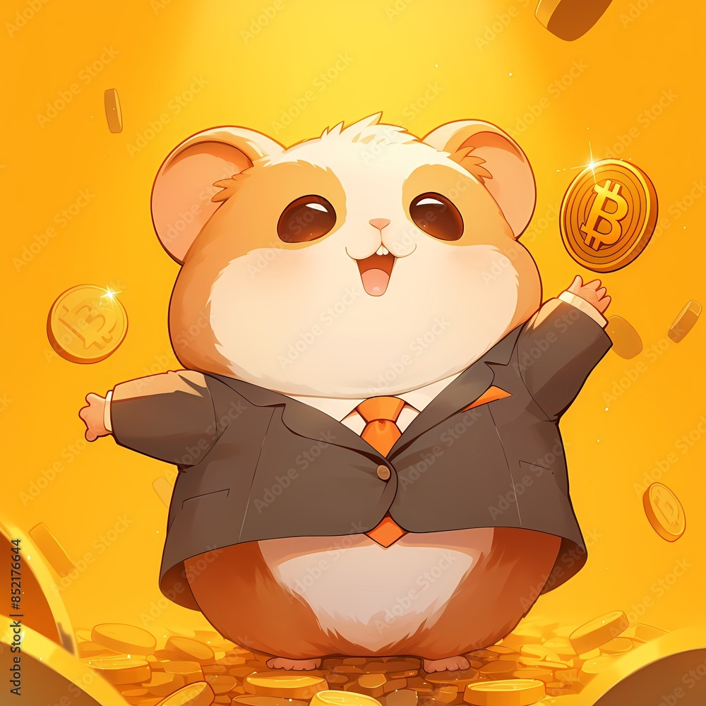 Cute little rich hamster wearing business suit holding golden coin in ...