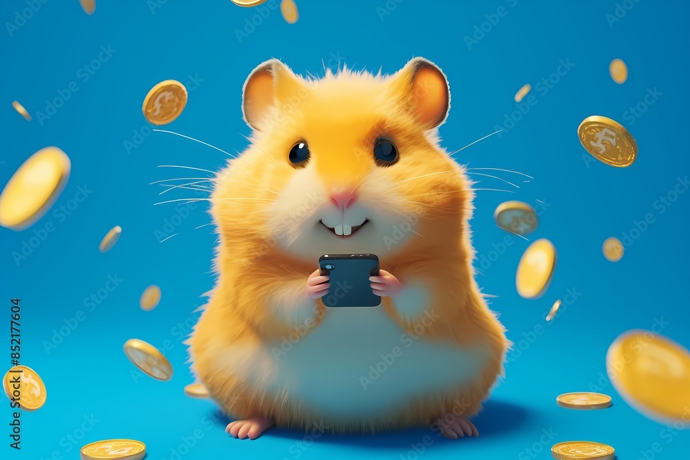 Cute little rich hamster holding mobile phone in paws on blue ...