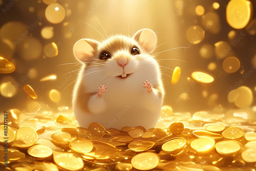 Cute little rich hamster sitting on a pile of coins on yellow ...