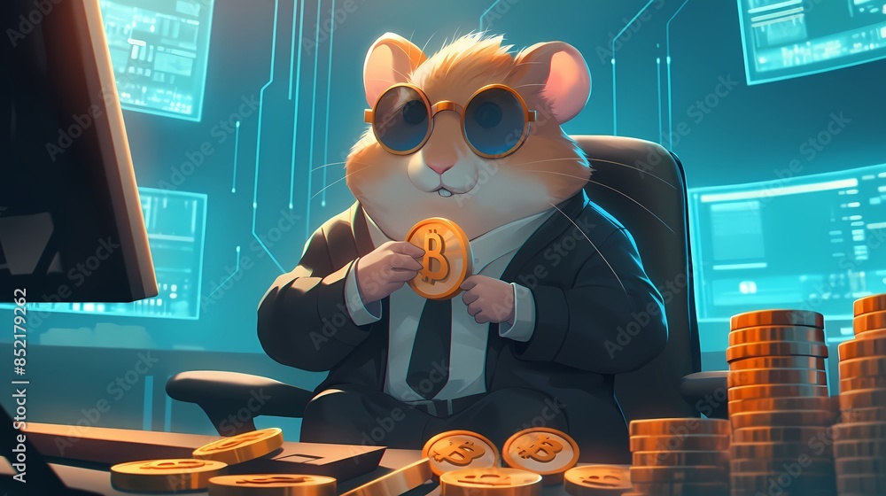 Rich hamster wearing business suit sitting in chair in cyberspace and ...