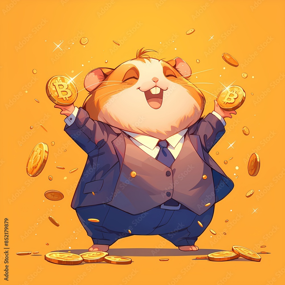 Cute little rich hamster wearing business suit holding golden coin in ...