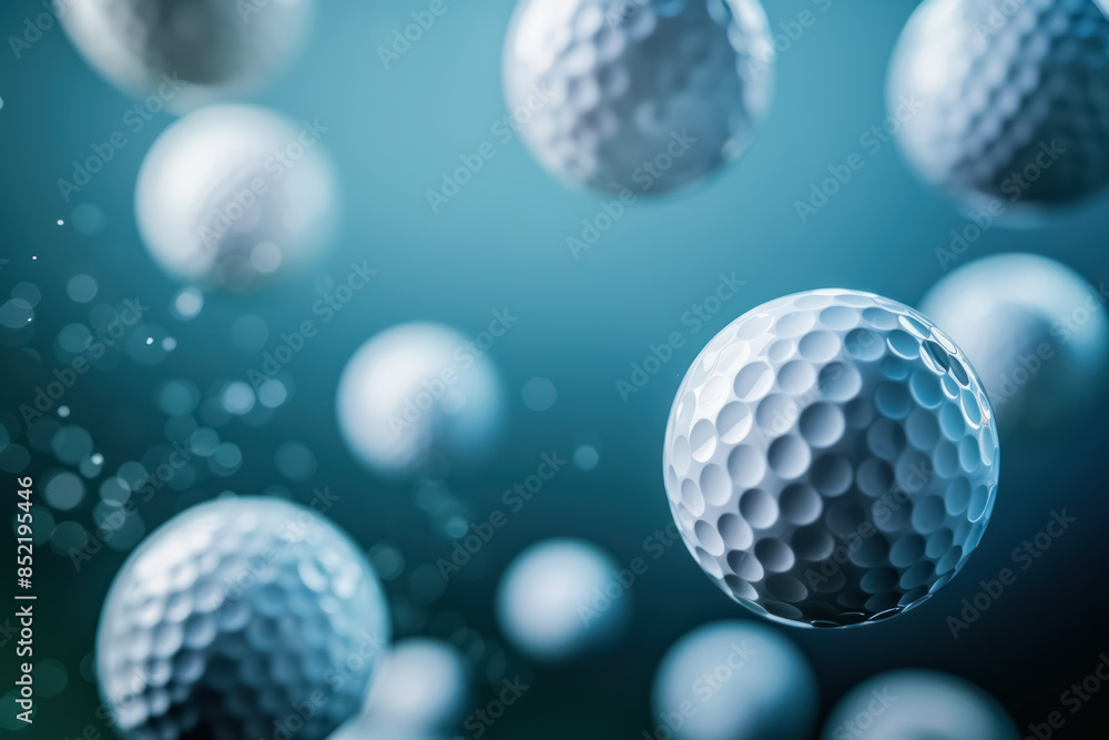 dynamic close-up of floating golf balls in mid-air with a focus on ...