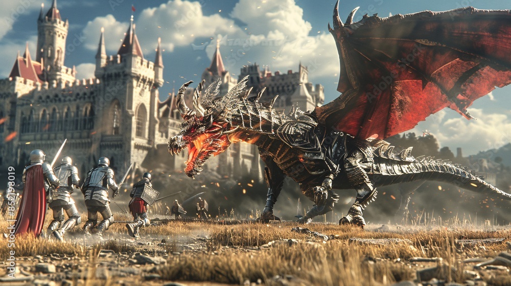 Epic medieval battle: knight vs fire-breathing dragon at the castle ...