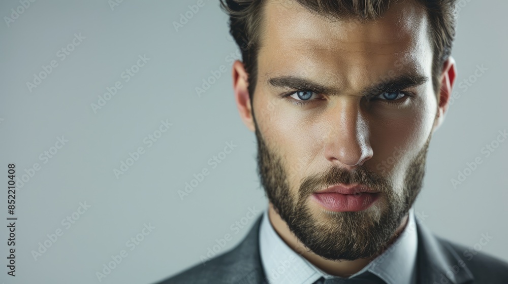 Intense stare from a good looking man with stubble in a gray suit ...