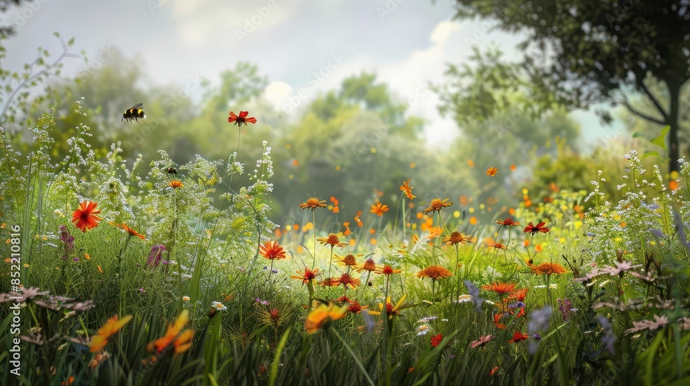 enchanting wildflower meadow alive with busy bees lush greenery and ...