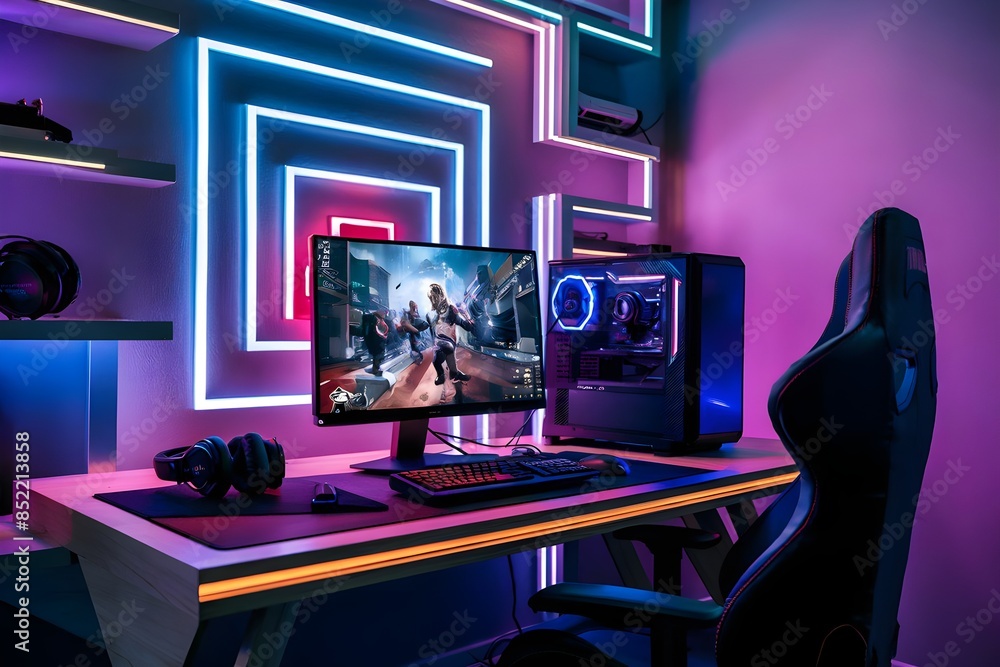 Gaming room with gaming setup and a computer ultrawide monitor and ...