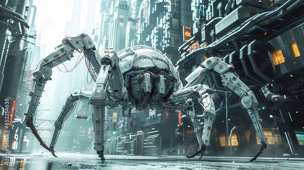 futuristic 3d alien spider robot invading modern city surreal digital ...
