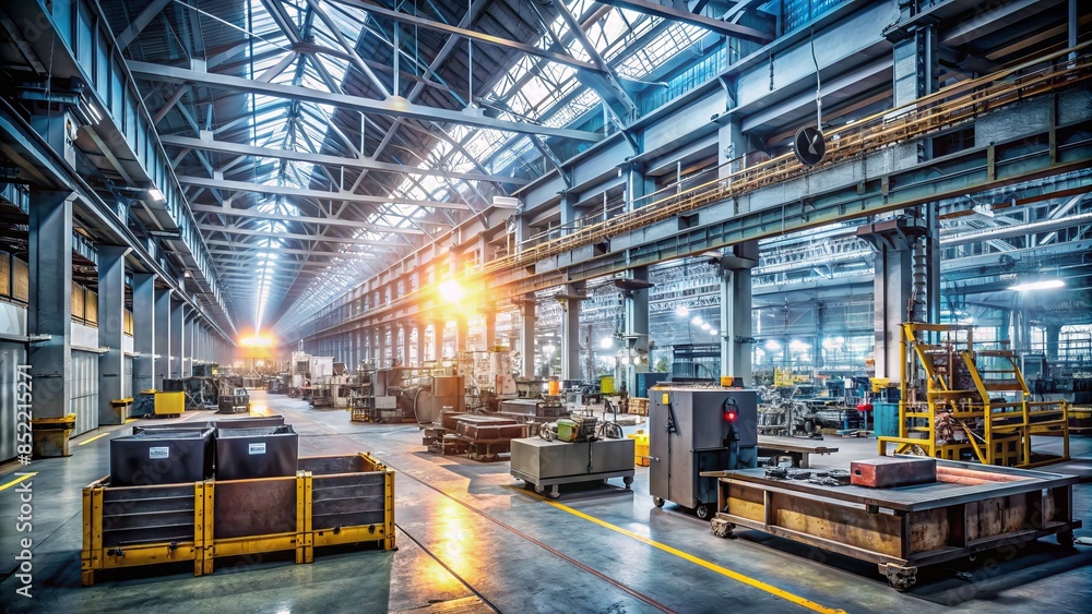 Industrial factory interior with metal machinery and heavy equipment ...