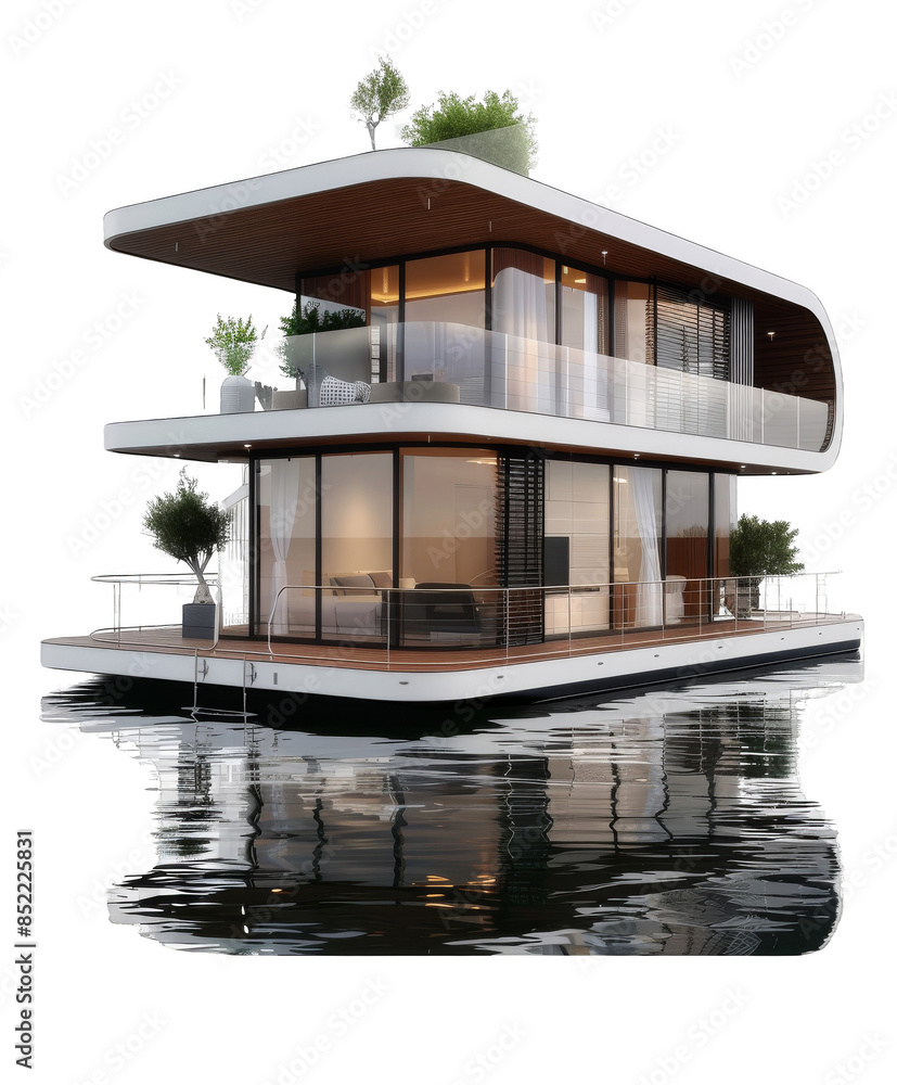 Contemporary houseboat with modern amenities and water views, isolated ...
