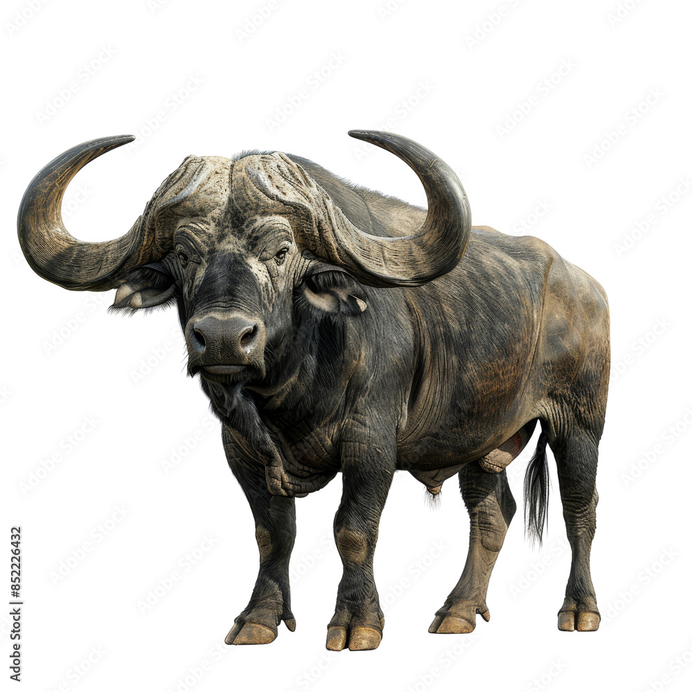 African buffalo standing with large curved horns on transparent ...