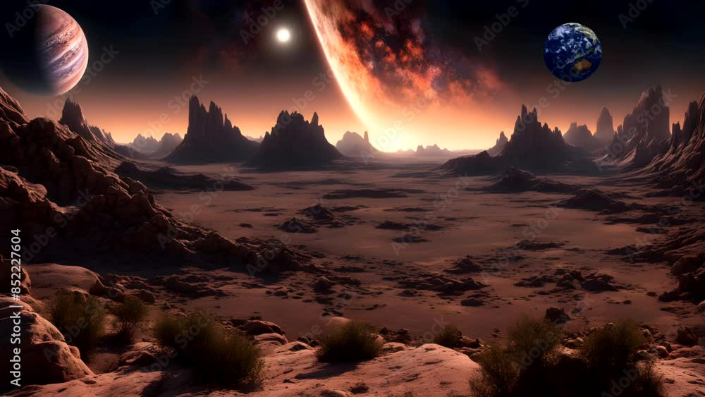 A fictional space landscape with an alien island that has mesmerizing ...