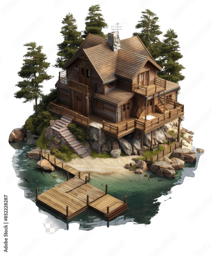 Realistic lake house with a dock and scenic water views, isolated on a ...