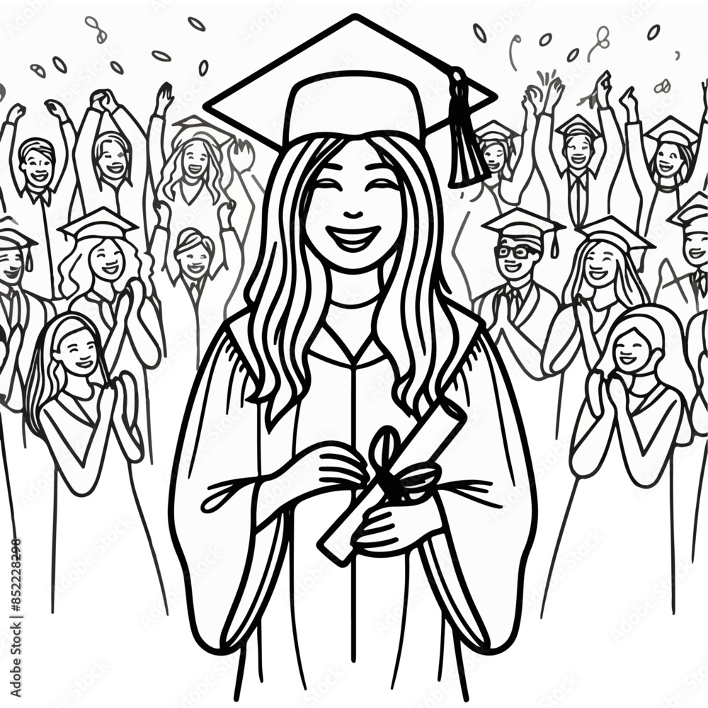 line art of graduated girl, Continuous line drawing of graduated girl ...