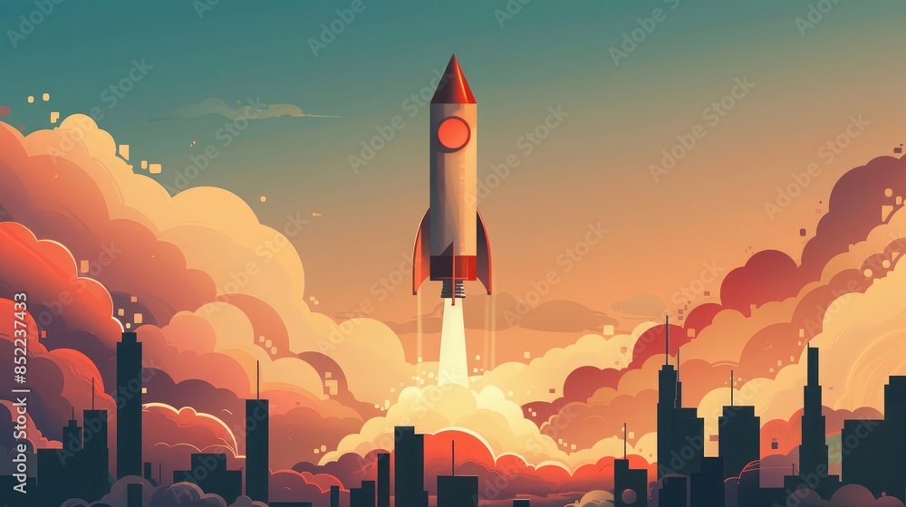 Rocket Launch, A sleek rocket blasts off from a bustling cityscape ... Rocket Launch, A sleek rocket blasts off from a bustling cityscape ...
