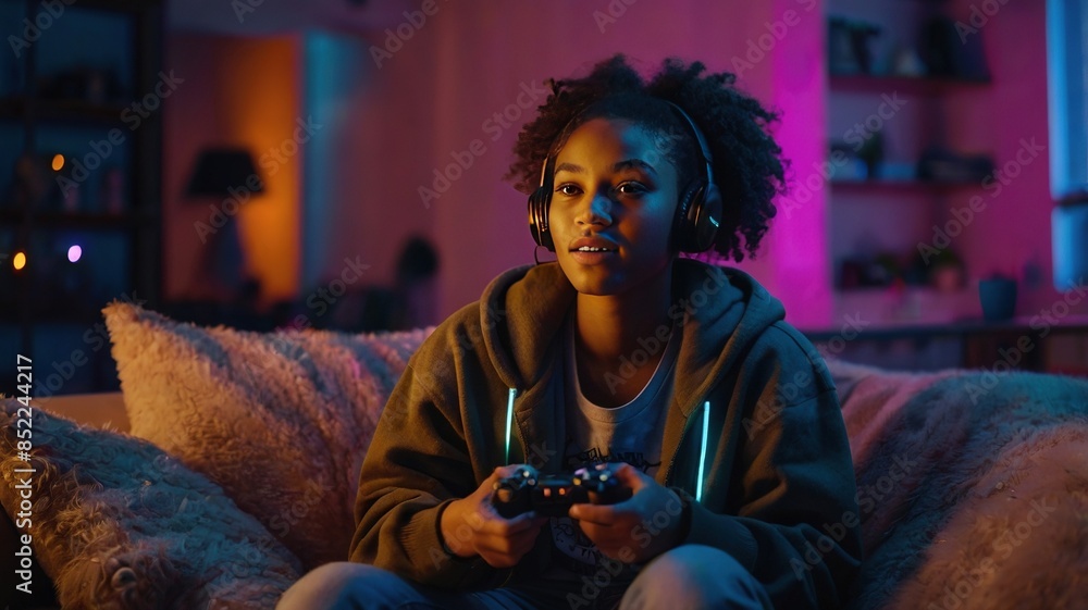 Beautiful Excited Young Black Gamer Girl Sitting on a Couch and Playing ...