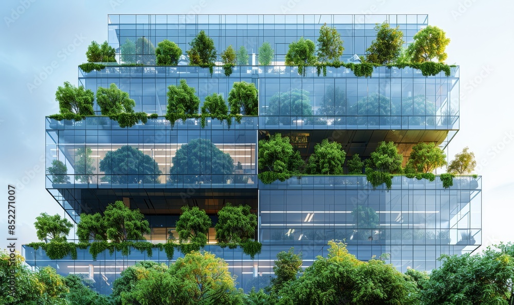 Eco-friendly building in modern city. Sustainable glass office building ...
