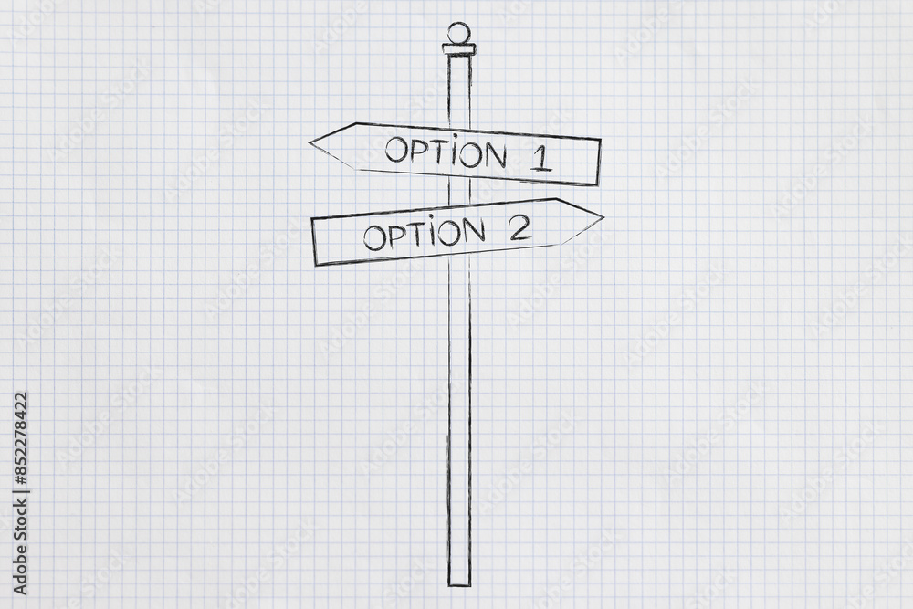 road sign with option 1 vs option 2, decision making and opposite ...