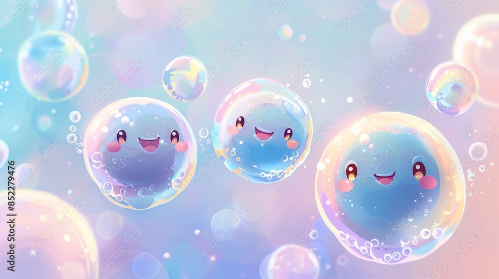 Cute cartoon bubbles with smiling faces floating in a dreamy ...