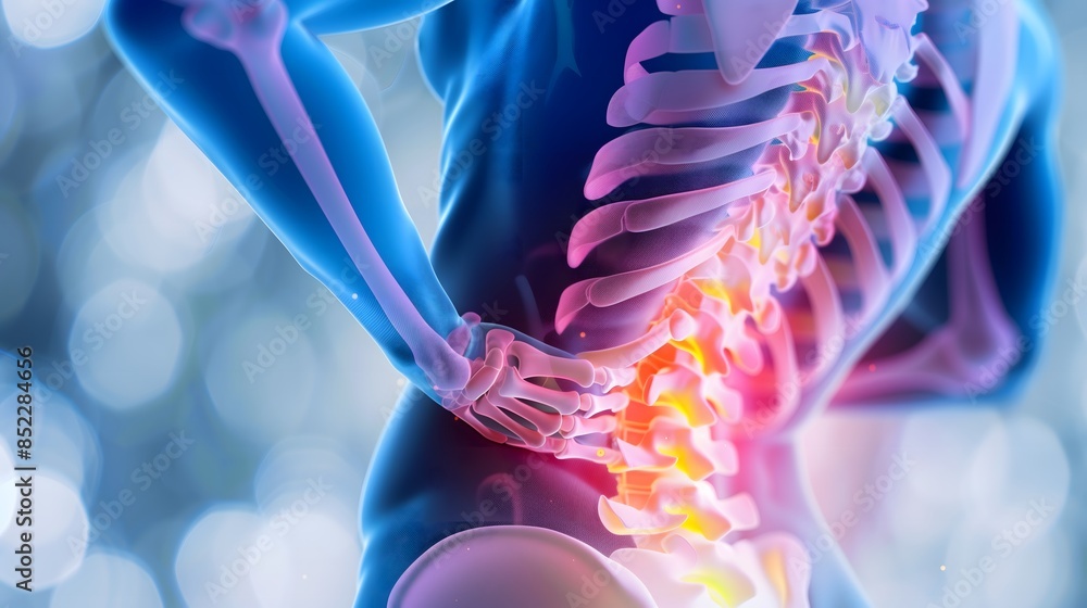 Back Pain - A 3D illustration of the lower back showing the spine and ...