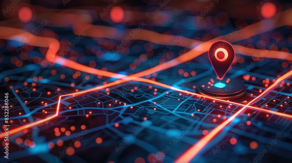 Neon Glowing City Map with Red Navigation Marker in Cyberpunk Style ...
