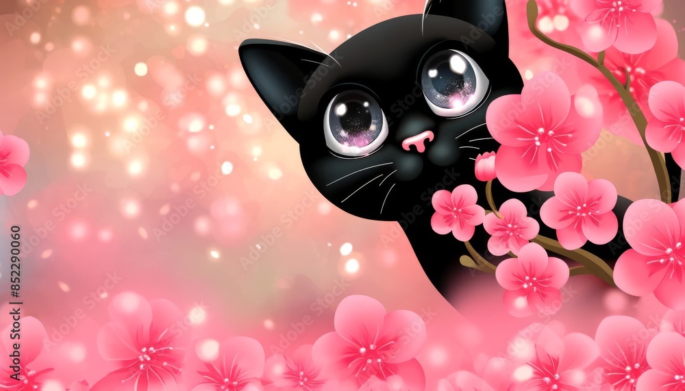 A charming black cat with big, luminous eyes peering curiously from ...