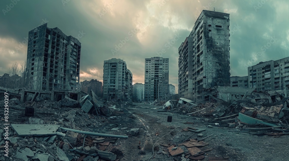 Ruined cityscape with destroyed buildings in high definition panoramic ...