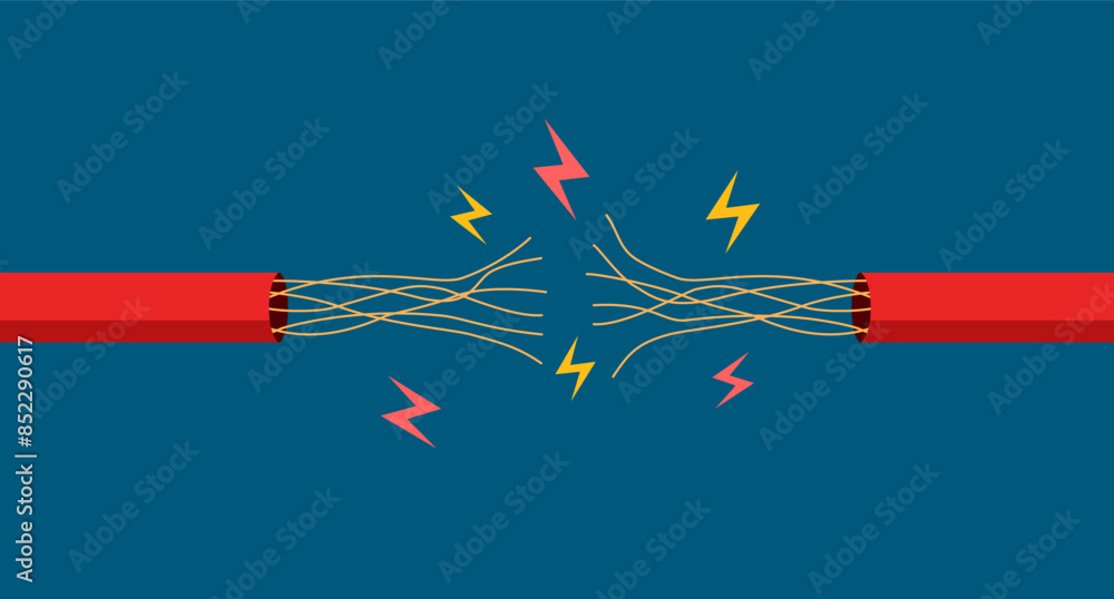 Electrical cable break with electric discharge. Power line damage ...