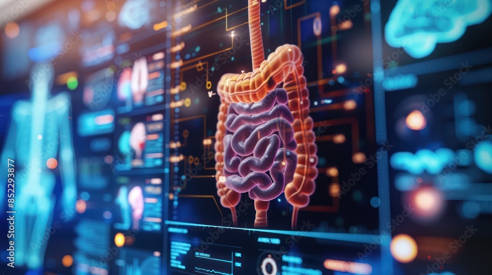 Detailed shot of a digital interface displaying a human digestive ...