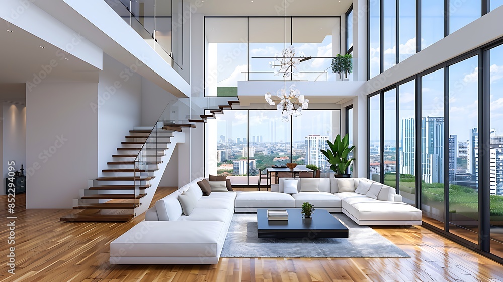 Modern open plan living room with large windows and wooden floor ...