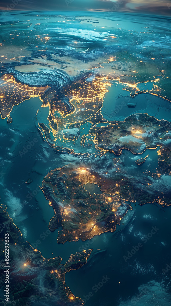A detailed earth map of the Asian region, highlighting different ...