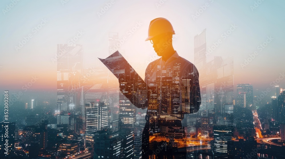 Professional civil engineer holding project plan with double exposure ...