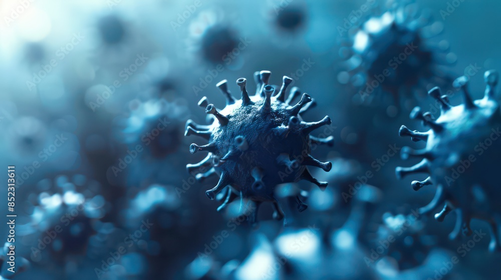 close-up of multiple virus cells with prominent spikes, depicted with a ...