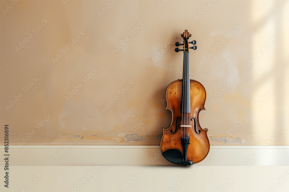 Beautiful classic violin music instrument leaning on light brown ...