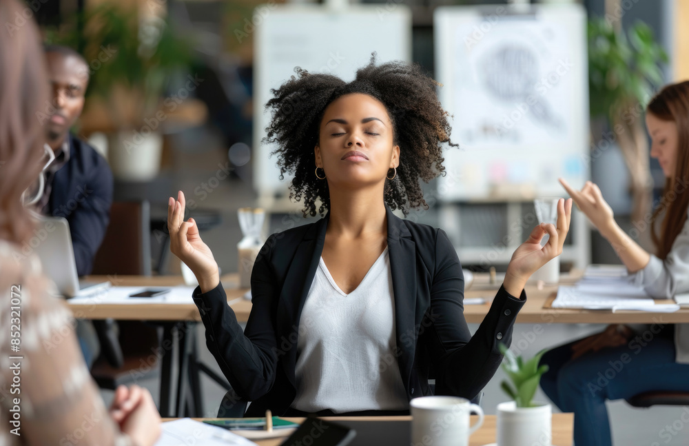 A woman meditating at her desk in an office, using the Zen Wadang to ...
