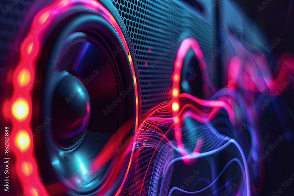 Sound speakers with neon lights and visible sound wave against black ...