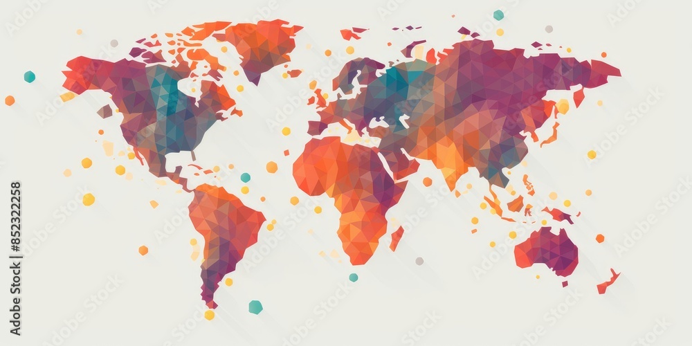 Stylized world map composed of multicolored circles on a white ...