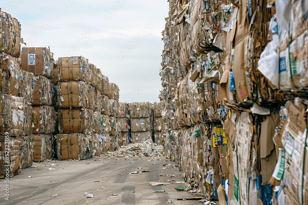 Stacks of cardboard bales ready for recycling, promoting sustainability ...