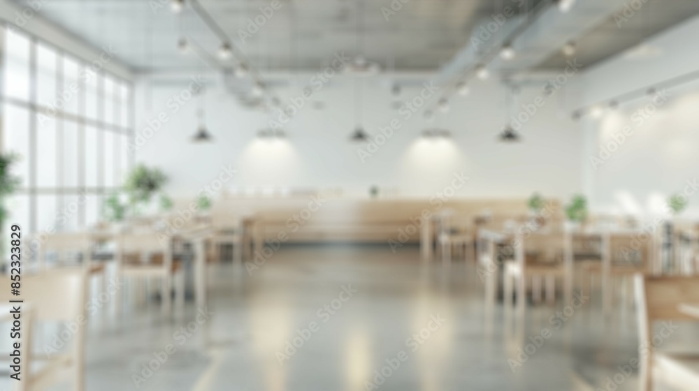 Blur background of modern cafeteria with industrial design, round ...