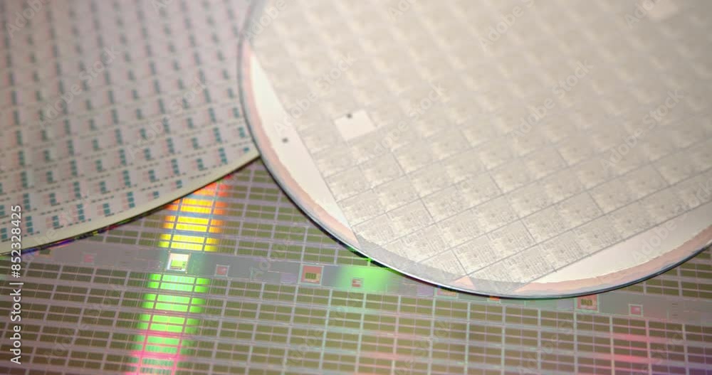 A close-up view of a silicon wafer's microprocessor circuit layout. The ...