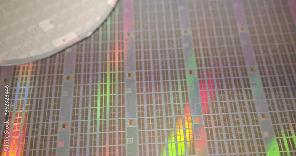 A close-up view of a silicon wafer's microprocessor circuit layout. The ...