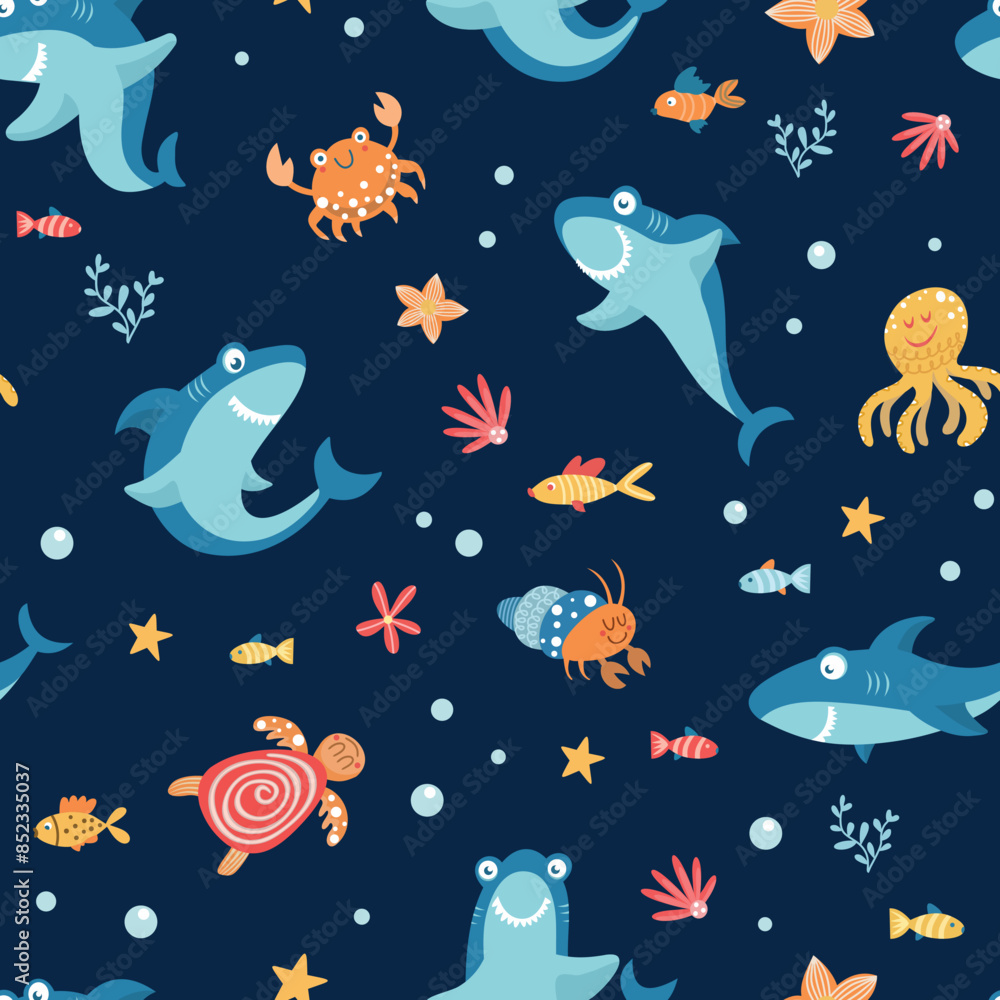 Seabed pattern with sharks, octopuses, turtles, fish and other marine ...