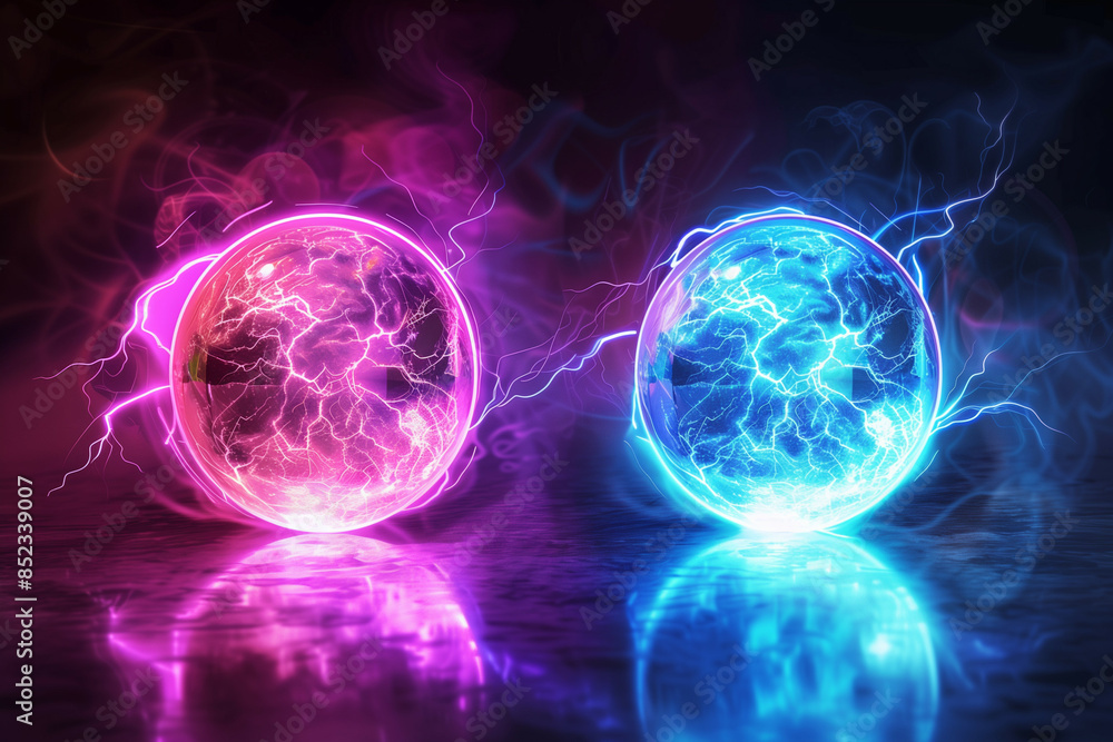 Two Glowing Energy Orbs in Purple and Blue with Electrifying Lightning ...