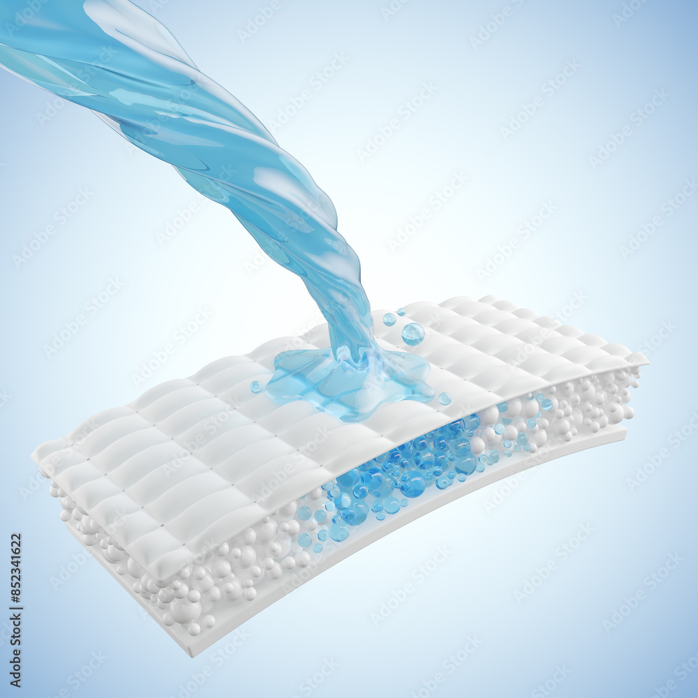 Drops of water flow through a layer of white fabric fiber.diapers and ...