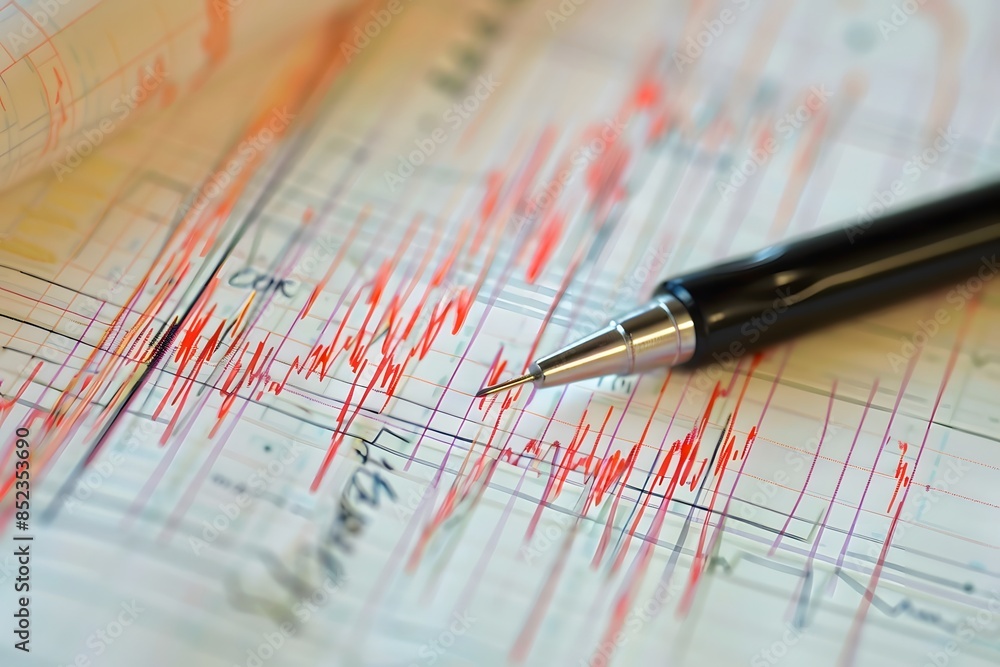 Seismograph for earthquake detection or lie detector is drawing graph ...