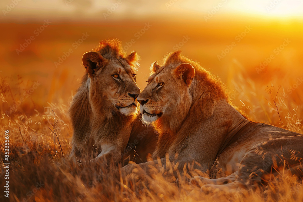 Lion and lioness in the sunset, savanna background, soft colors, photo ...