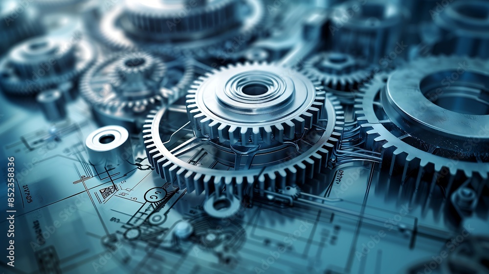 Intricate mechanical engineering drawing on a sleek gradient background ...
